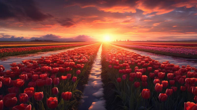 Sunset Over the Blooming Tulip Field. Generative AI Stock Image - Image ...