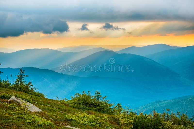 Sunset over blue mountains stock image. Image of gorgany - 60724493