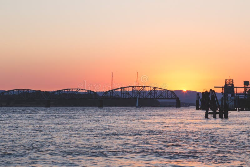 Sunset Over Bridge in a Bay Stock Image - Image of nature, sunrise ...