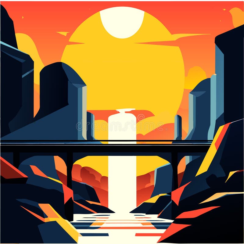 Sunset Over the Bridge in the City. Vector Illustration in Flat Style ...