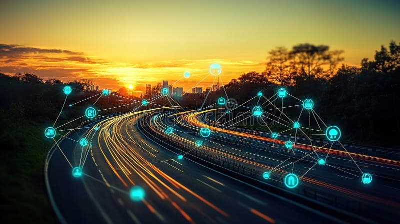 Sunset Over a Bustling Highway with Digital Connectivity Icons ...