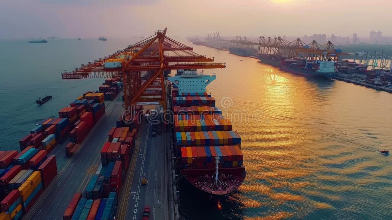 Sunset Over Busy Cargo Port with Docked Ship Stock Image - Image of ...