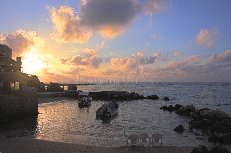 Sunset Over the Caesarea Harbor - HDR Image Stock Image - Image of ...
