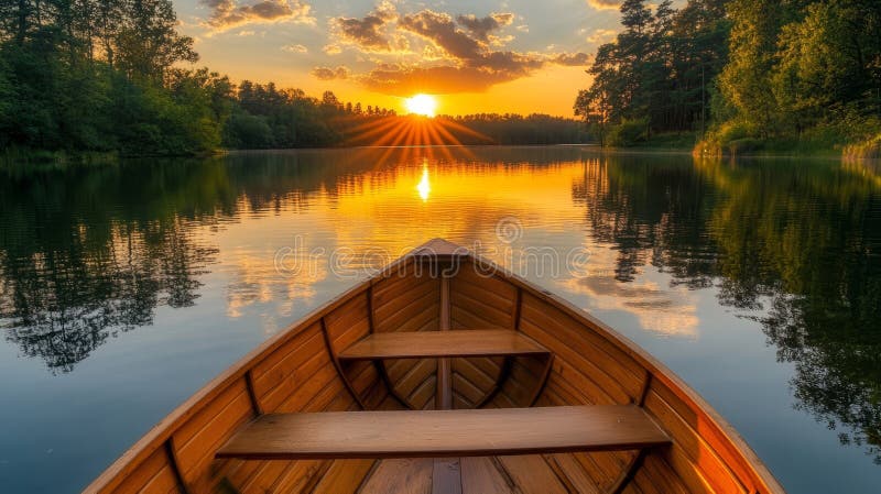 Sunset Over a Calm Lake with a Wooden Boat. Stock Image - Image of ...