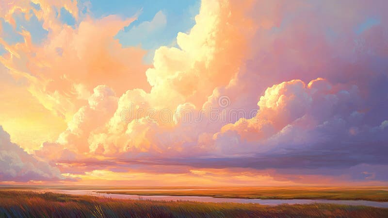 Pink Sunset Over Calm River Fluffy Clouds Stock Photos - Free & Royalty ...