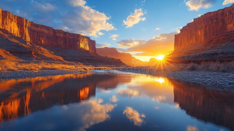 Sunset Over Canyon with River Reflecting Sky and Orange Cliffs ...