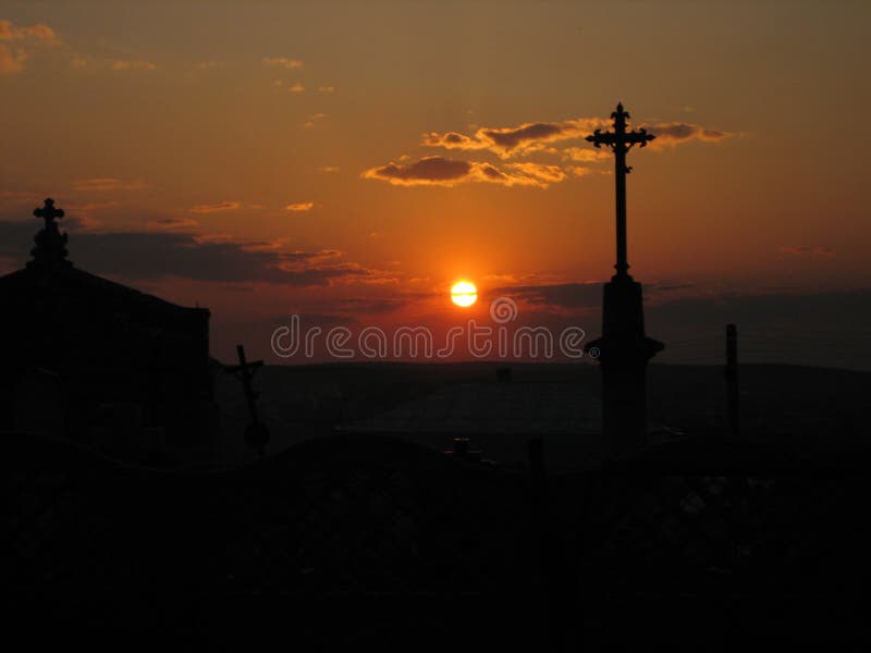 Sunset over the cemetery stock image. Image of composition - 73543579