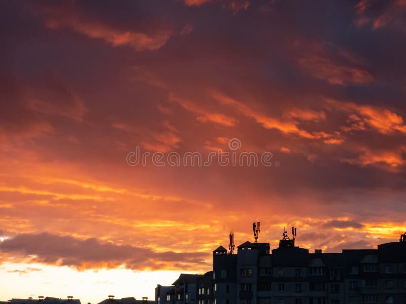 Sunset Over the City. Orange Sky with Clouds. Horizontal Photo Stock ...