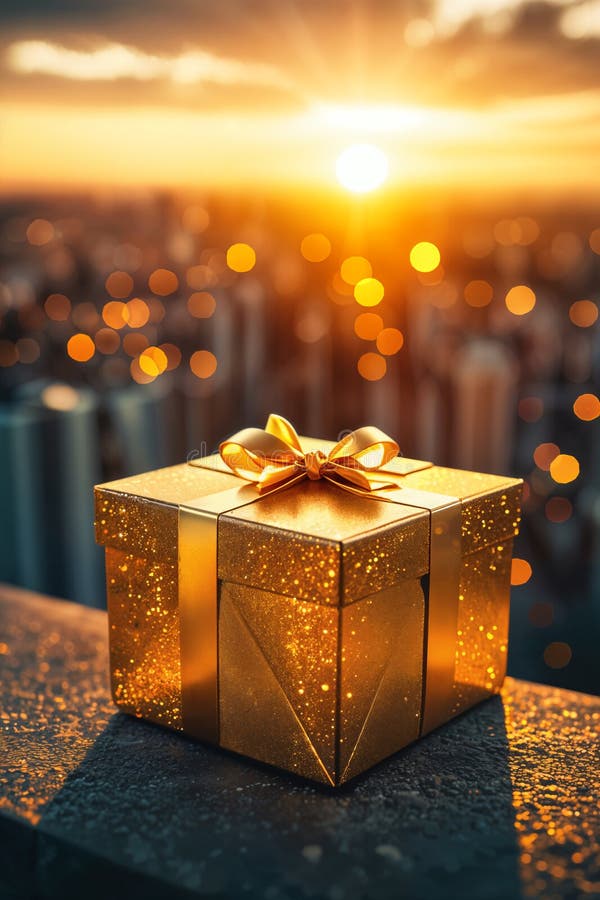 Sunset Over City Skyline with Golden Gift Box Stock Illustration ...