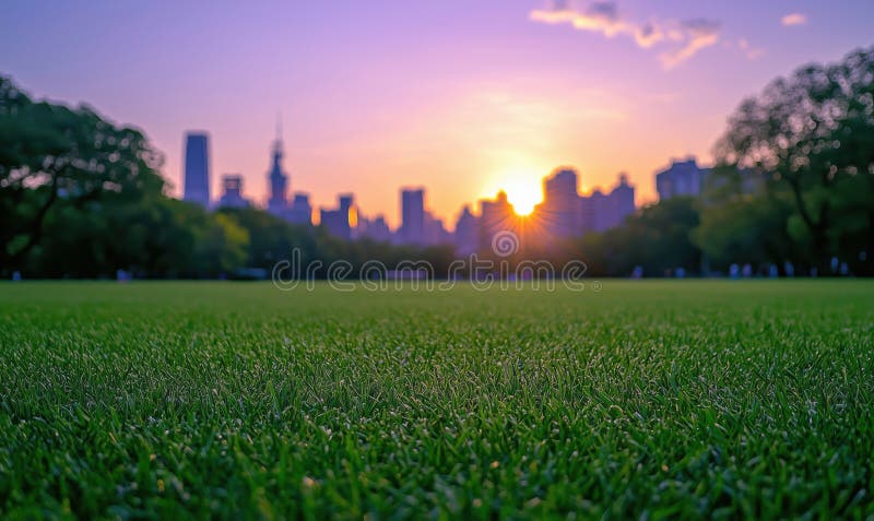 Sunset Over City Skyline Lush Green Grass Foreground Stock Photos ...