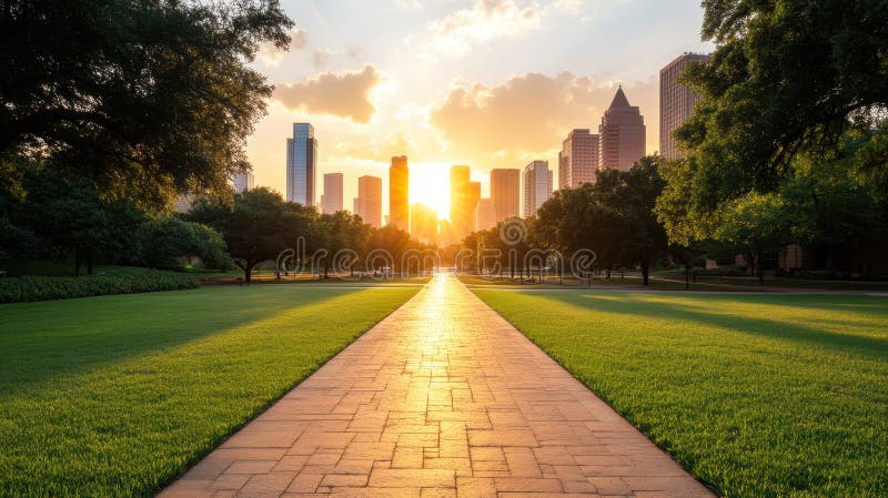 Sunset Over City Skyline with Pathway and Lush Green Park Stock ...
