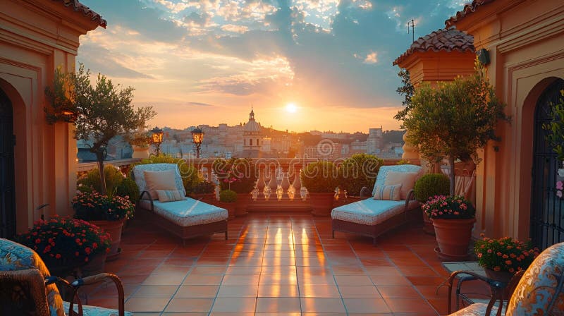 Sunset Over City Skyline with Two Chairs on Tiled Terrace, AI-generated ...