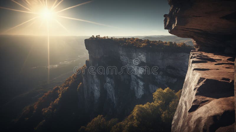 Sunset Over the Cliff in the Deep Forest Stock Illustration ...