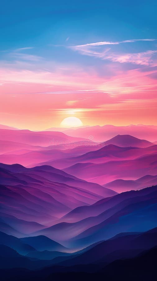 Sunset Over Colorful Layered Mountains, Panoramic View. Nature ...