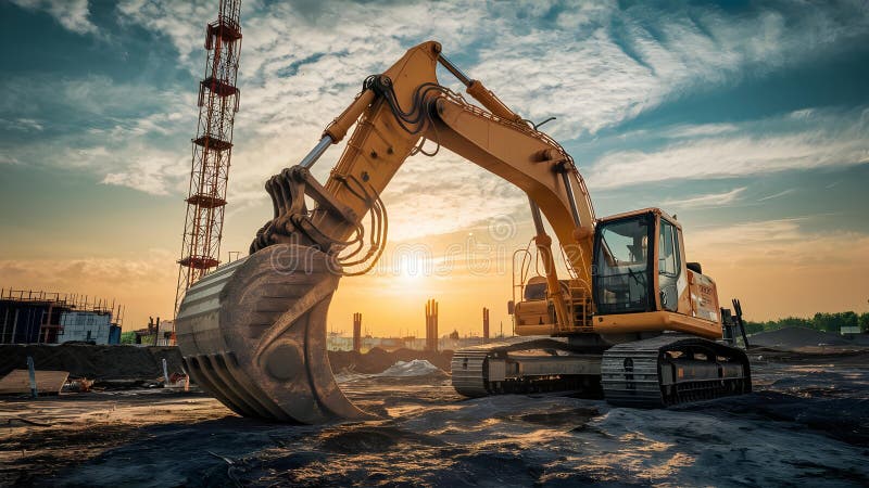 Sunset Over Construction: Excavator at Work. Concept Industrial ...