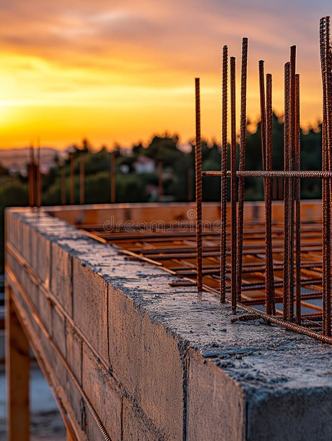 Sunset Over Construction Site Concrete Rebar Framework Stock Photos ...
