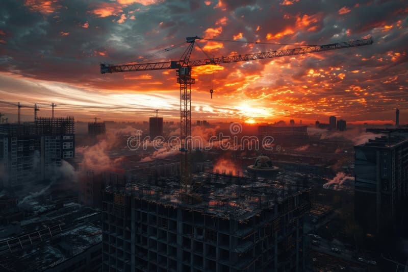 Dramatic Sunset Over Construction Site. Orange and Red Sky with Clouds ...