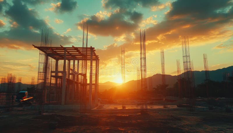 Sunset Over Construction Site with Structural Steel Beams for ...