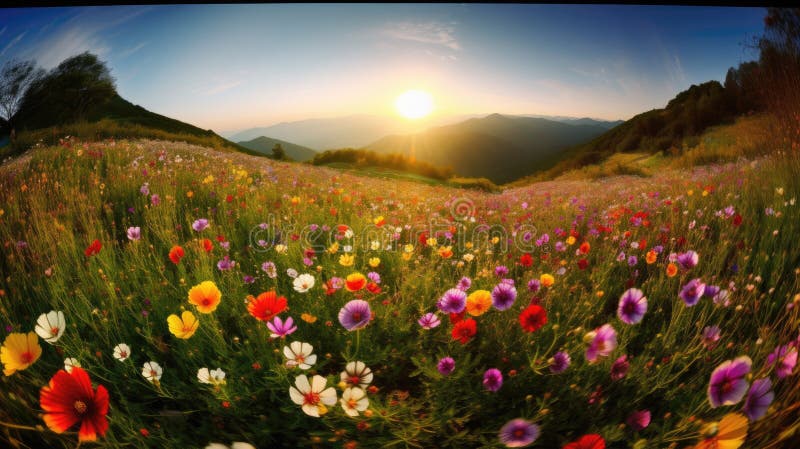 Sunset Over Flower Meadow in the Mountains. Nature Background Stock ...
