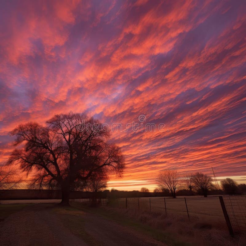 Sunset Over a Country Road with a Large Tree in the Foreground Stock ...