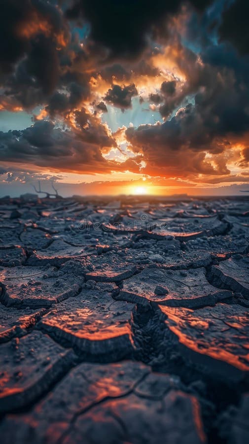 Sunset Over Cracked Dry Earth with Dramatic Clouds, Climate Change ...