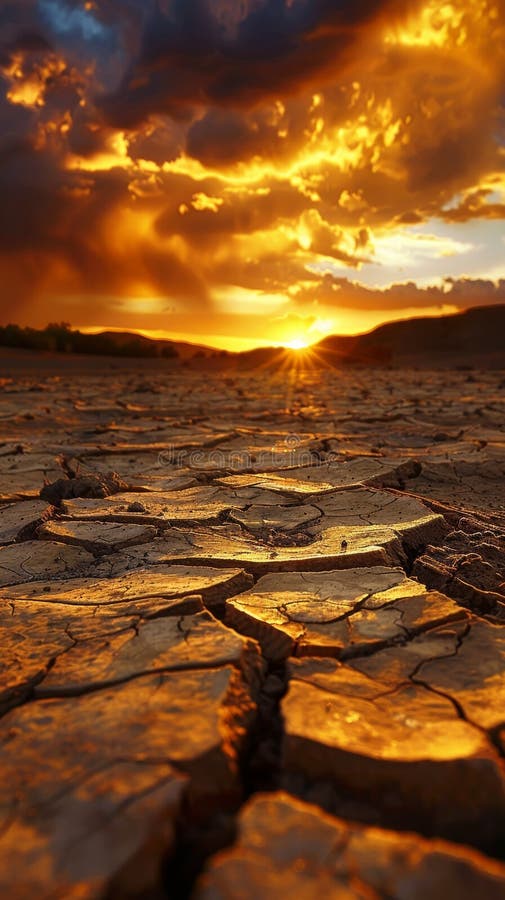 Sunset Over Cracked Dry Land with Dramatic Clouds, Drought and Climate ...