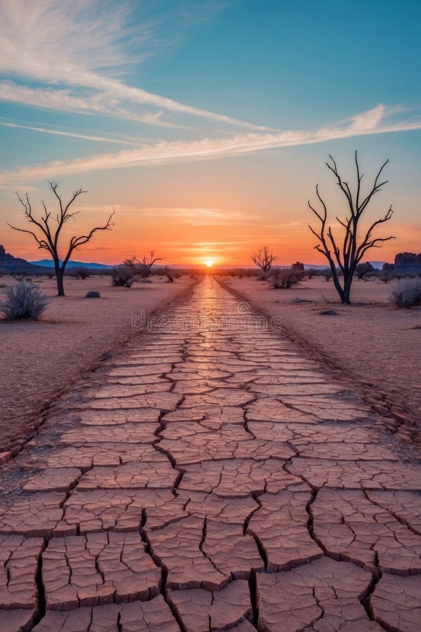Sunset Over a Cracked Earth Path in a Desert Landscape. Stock Image ...