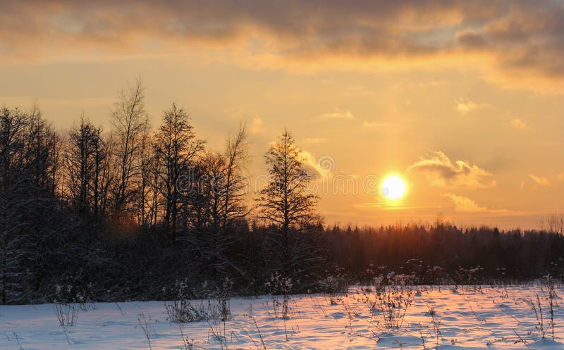 Sunset over a dark forest. stock image. Image of snowy - 112027485