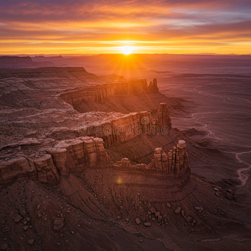 Sunset Over a Desert Landscape with Dramatic Cliffs and Mesas ...