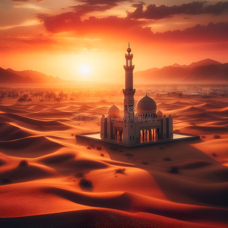 Sunset Over Desert with Muslim Mosque in the Foreground Stock ...
