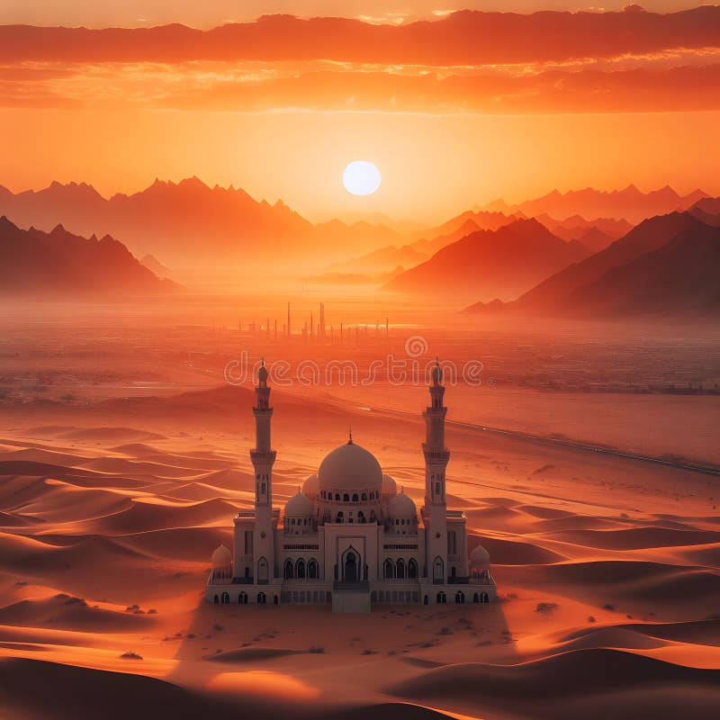 Sunset Over Desert with Muslim Mosque in the Foreground Stock ...