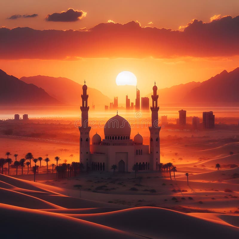 Sunset Over Desert with Muslim Mosque in the Foreground Stock ...