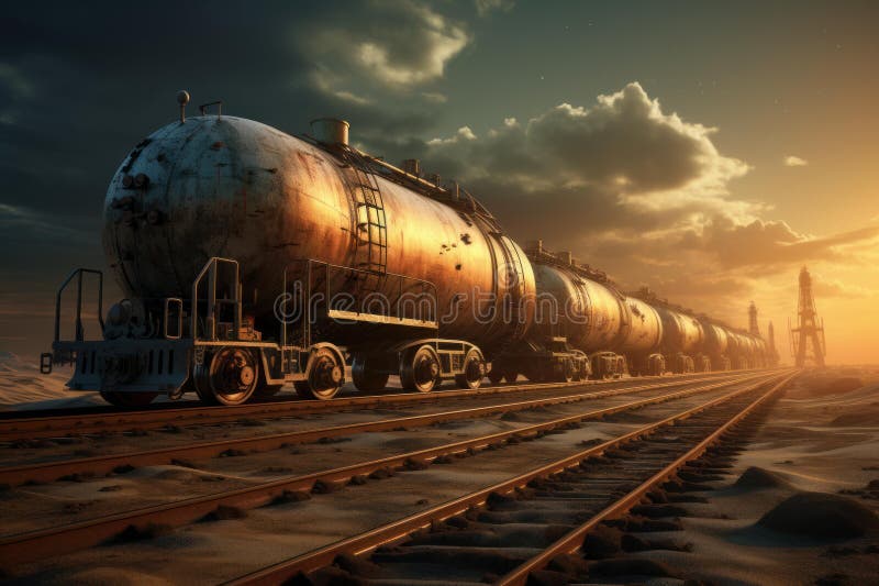 Sunset Over Desert Railroad with Industrial Train Stock Photo - Image ...
