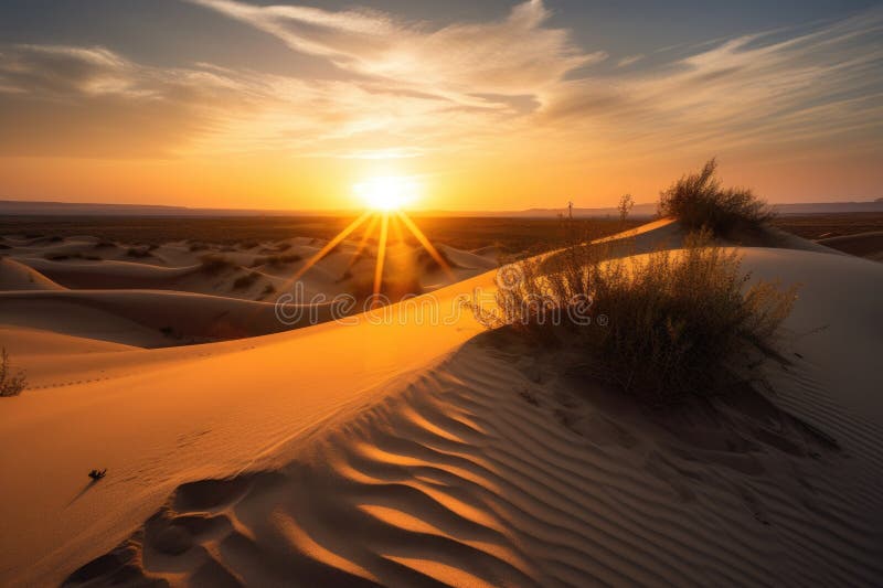 Sunset Over Desert, with the Sun Descending Behind a Series of Sand ...