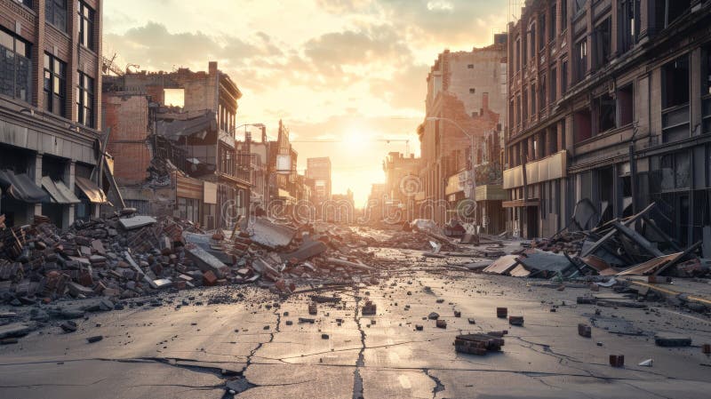 Sunset Over a Devastated City Street. Aftermath of a Seismic ...