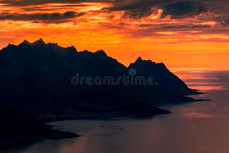 Sunset Over the Devil`s Teeth Mountains of Senja Island and the ...