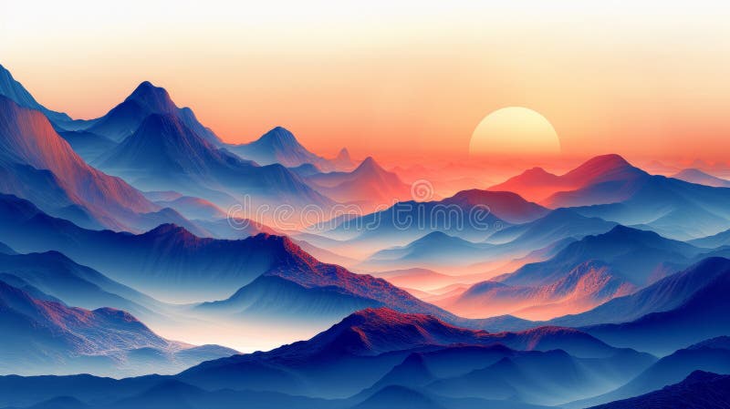 Sunset Over Digital Landscape with Mountain Peaks Stock Photo - Image ...