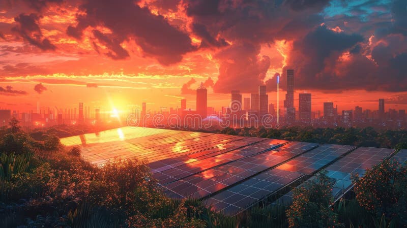Sunset Over Eco-Friendly City with Solar Panel Fields and Lush Greenery ...