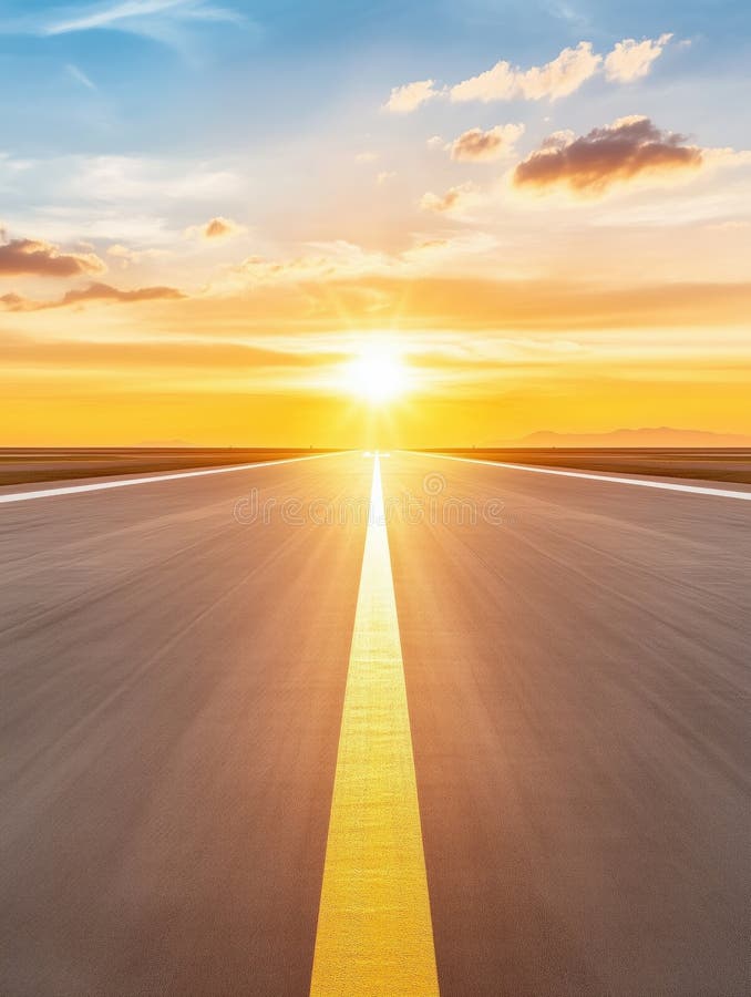 Sunset Over Empty Airport Runway with Vibrant Sky and Glowing Sun Stock ...
