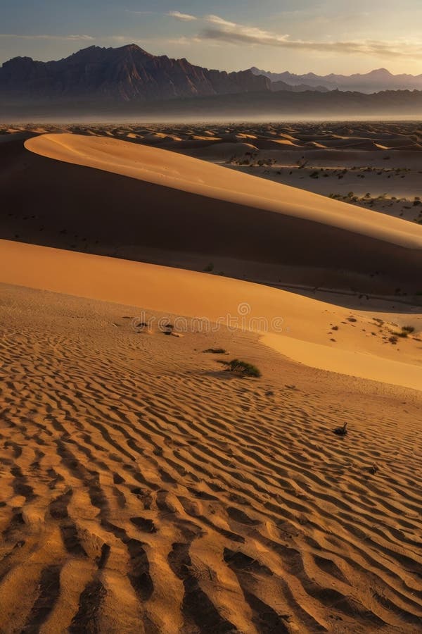 Sunset Over Empty Desert Landscape with Soft Golden Light and Sand ...