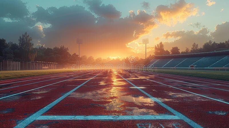Sunset Over an Empty Track Field - Generative Ai Stock Illustration ...