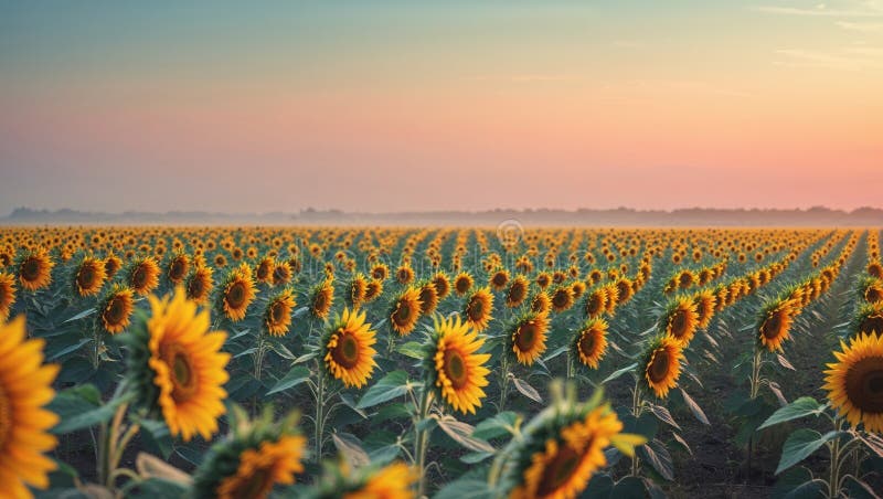 Sunset Over Endless Sunflower Field Warm Golden Light Stock Photos ...