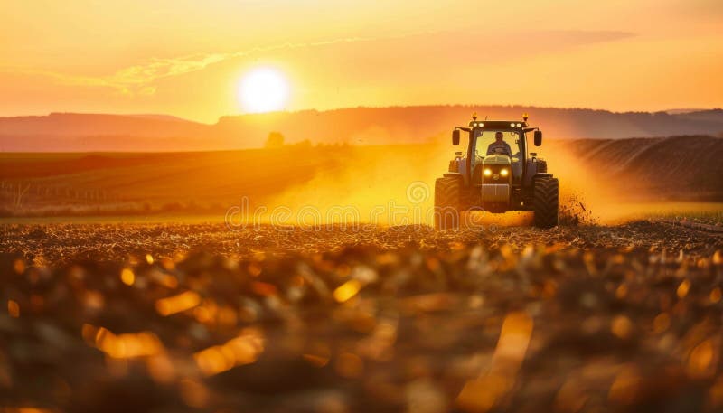 Sunset Over the Farmland with Tractor at Work. Generative Ai Stock ...