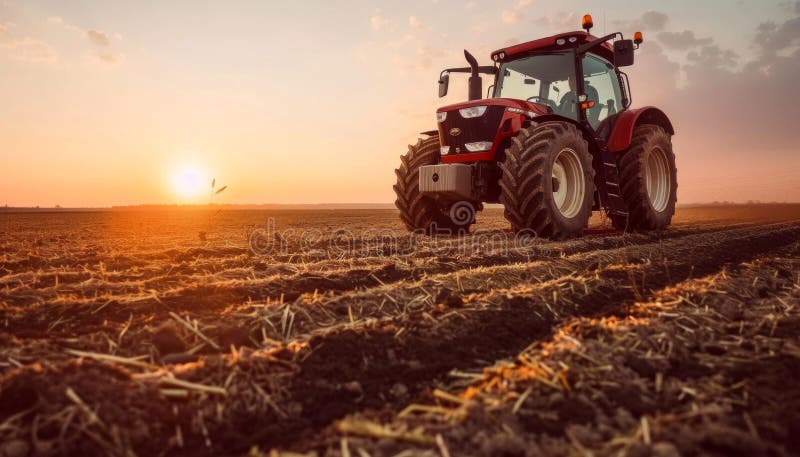 Sunset Over the Farmland with Tractor at Work. Generative Ai Stock ...