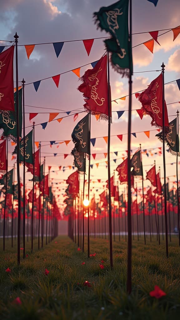 Sunset Over Field with Colorful Flags and Banners Stock Photo - Image ...