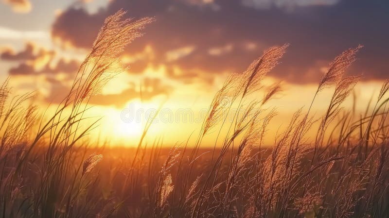Sunset Over a Field of Tall Grass. Golden Hour Light Illuminates the ...