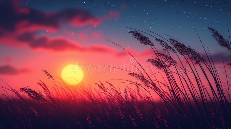 Sunset Over Field Tall Grass Starry Sky Stock Photos - Free & Royalty ...