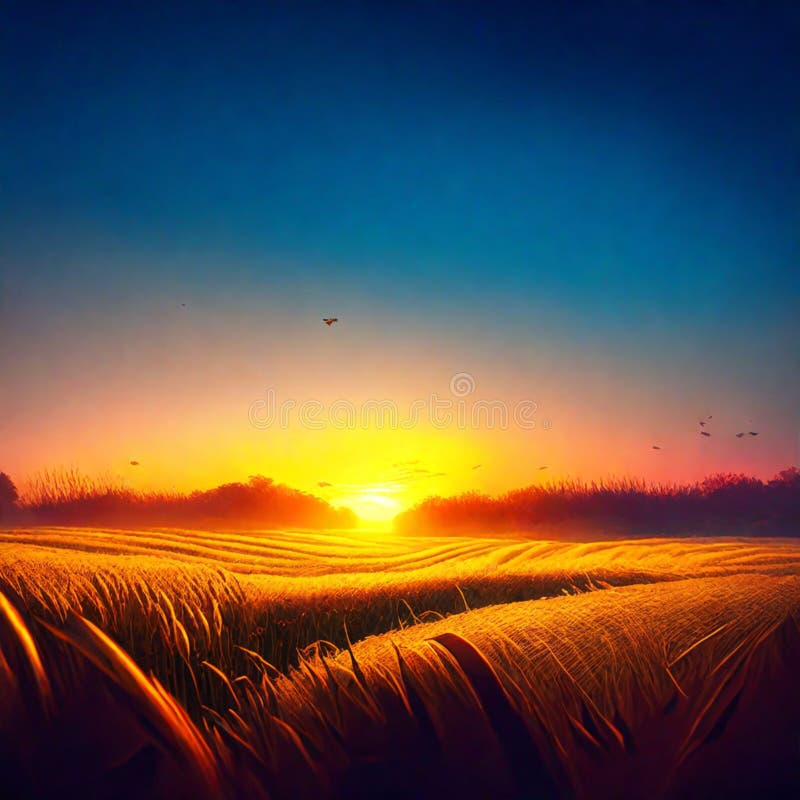 Sunset Over a Field of Wheat. Panoramic View Stock Illustration ...
