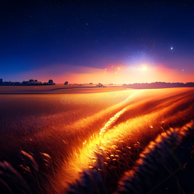 Sunset Over a Field of Wheat. Panoramic View Stock Illustration ...