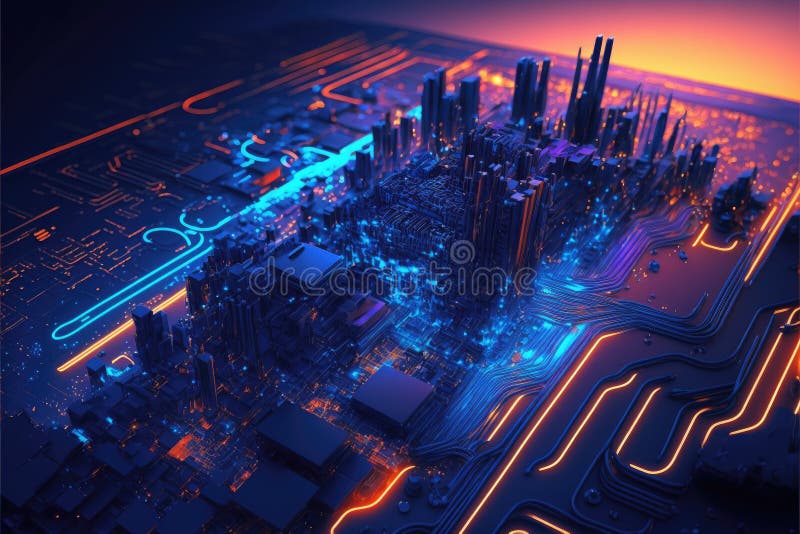 Sunset Over Flat Surface with Electronic Digital Elements ...